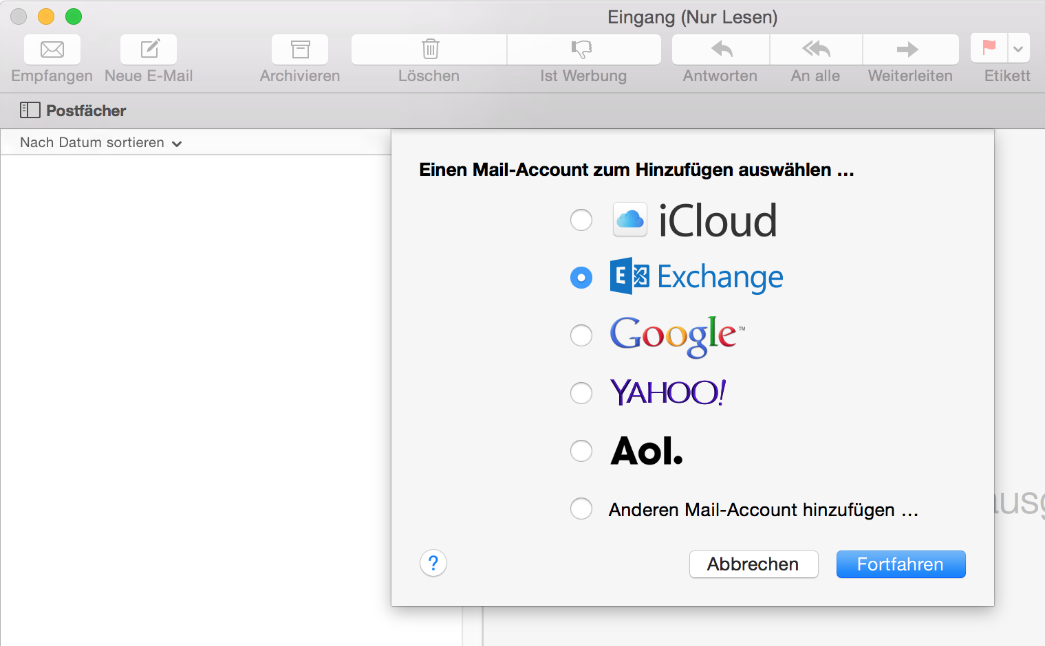 Einrichten eines Exchange Postfaches in Apple-Mail