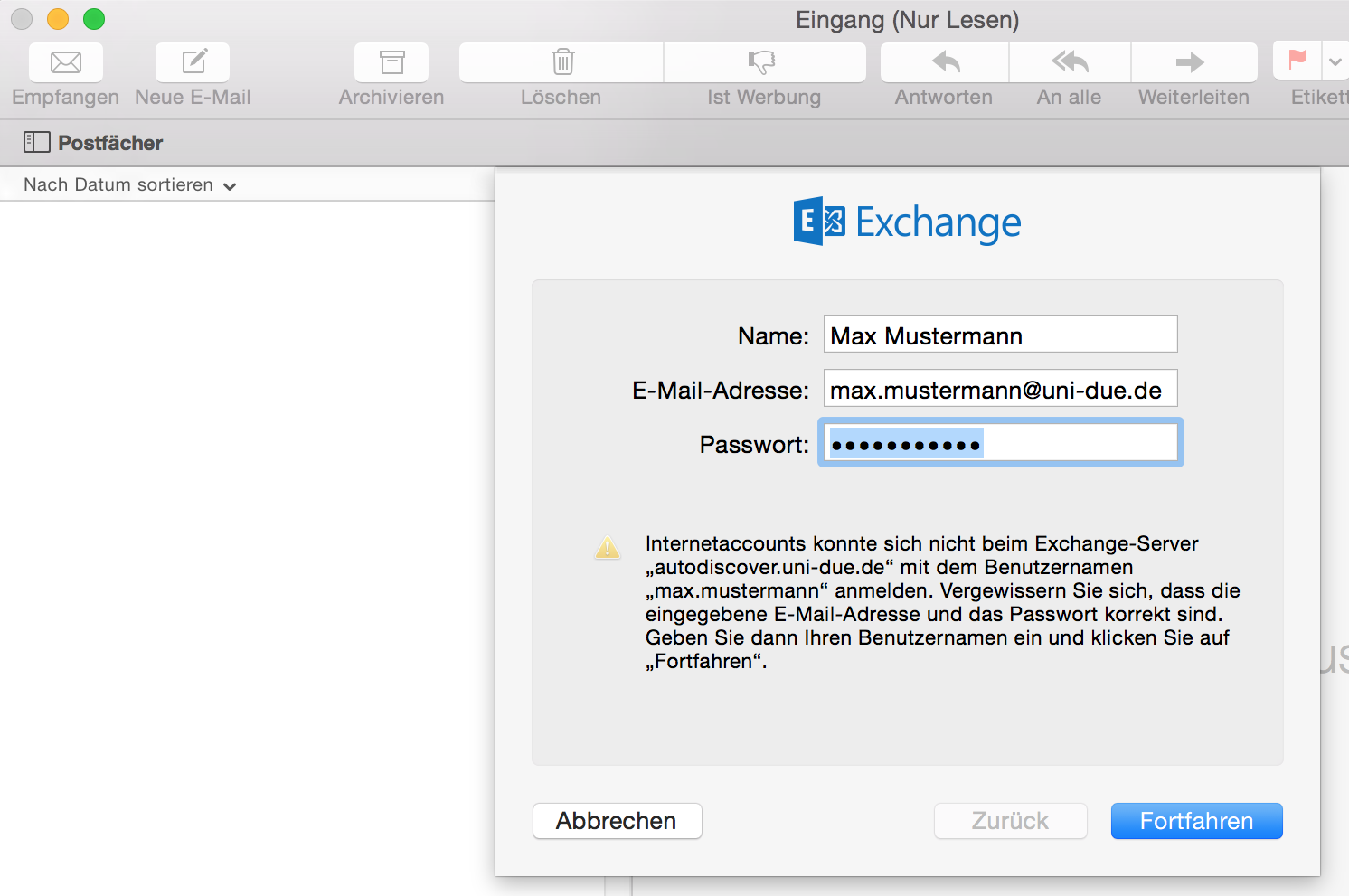 Einrichten eines Exchange Postfaches in Apple-Mail