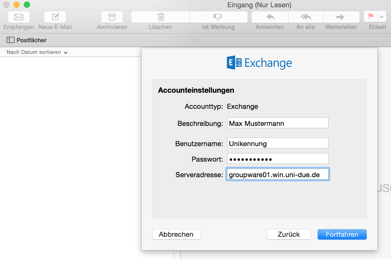 Einrichten eines Exchange Postfaches in Apple-Mail